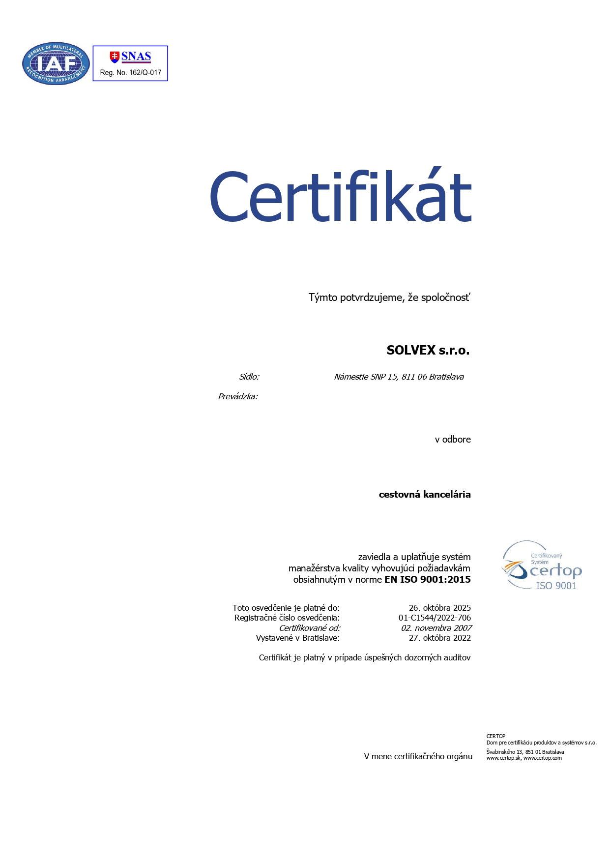 CK Solvex a Certifikát kvality EN ISO 9001:2015 | Cestovná kancelária ...